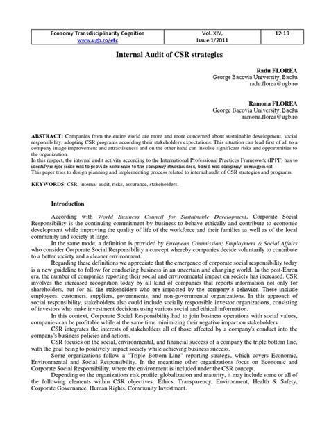 Internal Audit Of Csr Strategies Radu Florea Pdf Corporate Social Responsibility Internal