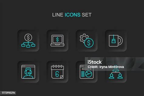 라인 직원 계층 설정 파이 차트 인포 그래픽 달력 전화 24 시간 지원 차 한잔 달러 기호가있는 기어 노트북 및 계층 아이콘 벡터 24에 대한 스톡 벡터 아트 및 기타