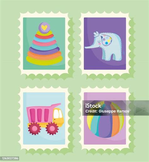 작은 아이 만화 코끼리 피라미드 트럭과 볼 포스트 스탬프 디자인을위한 장난감 개체 0명에 대한 스톡 벡터 아트 및 기타 이미지 0명 공 스포츠 장비 교육 Istock