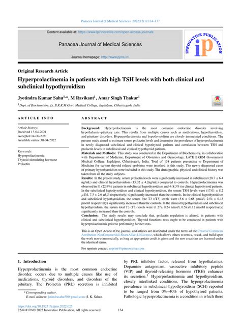 Pdf Hyperprolactinemia In Patients With High Tsh Levels With Both Clinical And Subclinical