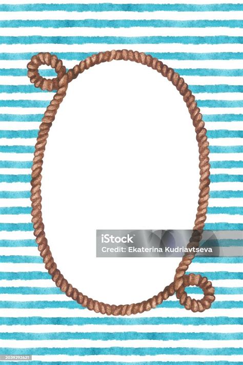 로프 프레임 테두리 배경에 파란색 줄무늬의 수채화 그림입니다 손으로 그린 바다 카드 수직 항해 엽서 템플릿입니다 흰색 복사