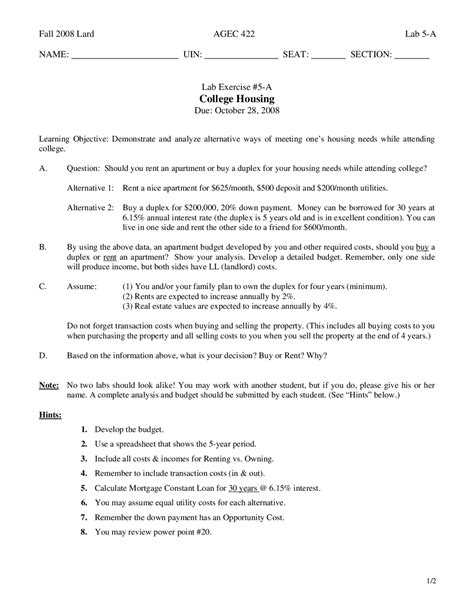 College Housing Land Economics Lab Exercise 5 A Agec 422 Docsity
