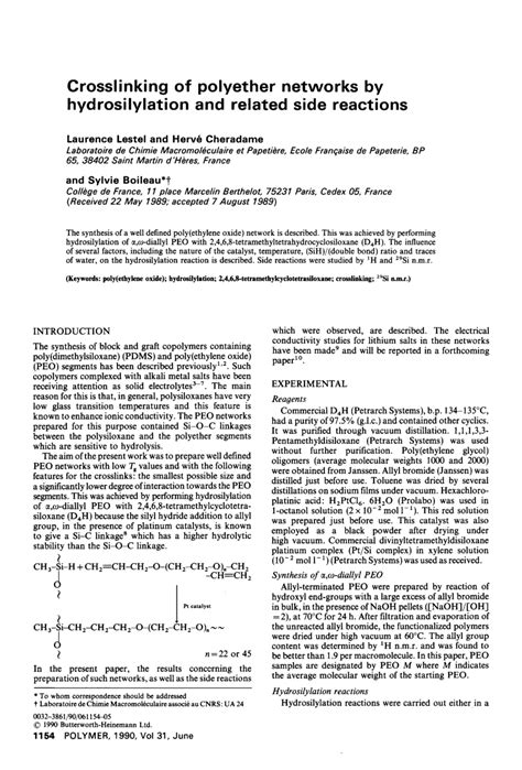 Pdf Crosslinking Of Polyether Networks By Hydrosilylation And Related