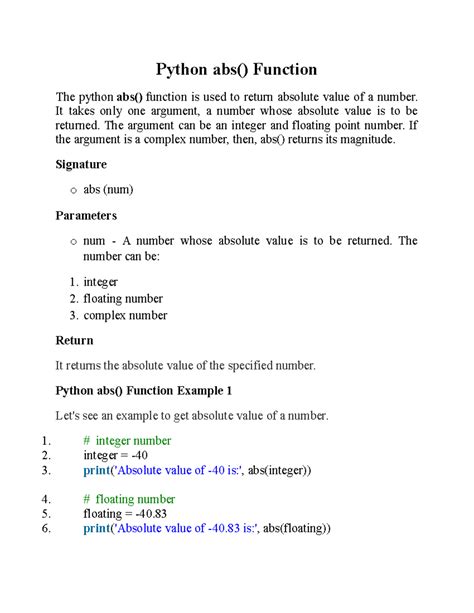 Python Abs It Takes Only One Argument A Number Whose Absolute Value