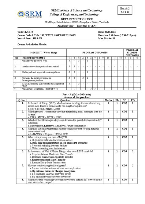 Ct2 Answer Key Set B Srm Institute Of Science And Technology College
