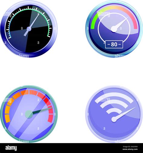 Modern Speedometer Icons Set Cartoon Vector Different Type Of Speedometer Speed Dial Indicator
