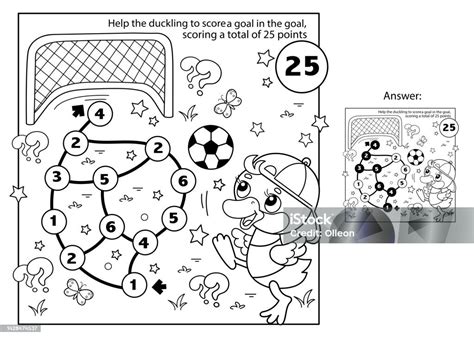 수학 추가 게임 아이들을위한 퍼즐 미로 색칠 공부 페이지 개요 만화 오리 또는 축구 공으로 새끼 오리 축구 스포츠 어린이를위한 색칠 공부 책 0명에 대한 스톡 벡터 아트 및