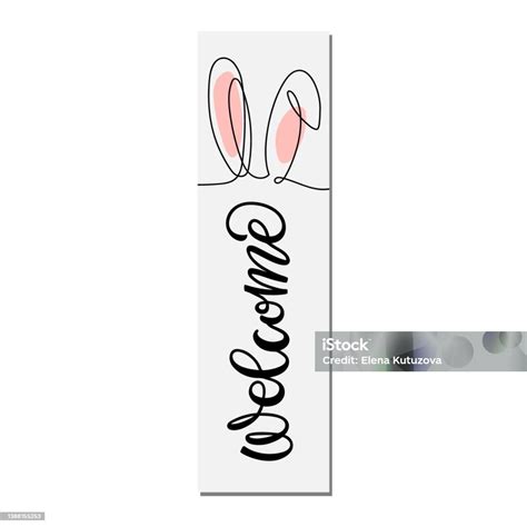 토끼 귀 스케치와 함께 문자를 환영합니다 수직 부활절 기호 현관 간판 손으로 쓴 서예 디자인 흑백 벡터 그림입니다 부활절 환영 현관 표지판 0명에 대한 스톡 벡터 아트 및