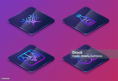 아이소메트릭 라인 스파클러 불꽃놀이 크리스마스 조명 샴페인 병 귤을 설정합니다 파란색 정사각형 버튼 벡터 3차원 형태에 대한