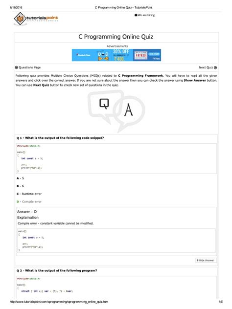 c programming online quiz tutorialspoint pdf