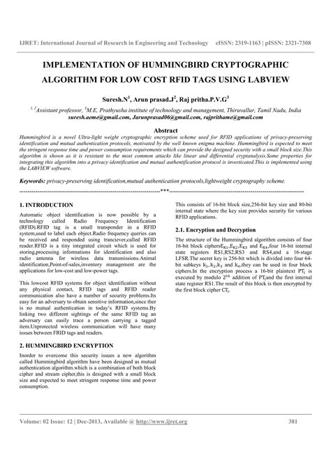 Implementation Of Hummingbird Cryptographic Pdf Internet Of Things