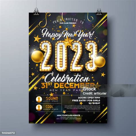 2023 신년 파티 축하 포스터 템플릿 일러스트 레이 션에는 조명 전구 번호와 검은색 배경에 금색 크리스마스 공이 있습니다 벡터 휴일 프리미엄 초대 전단지 또는 프로모션