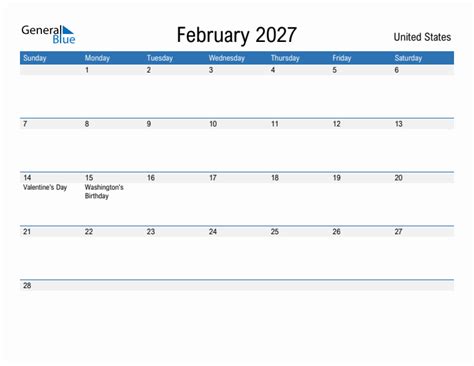February 2027 Monthly Calendars With United States Holidays