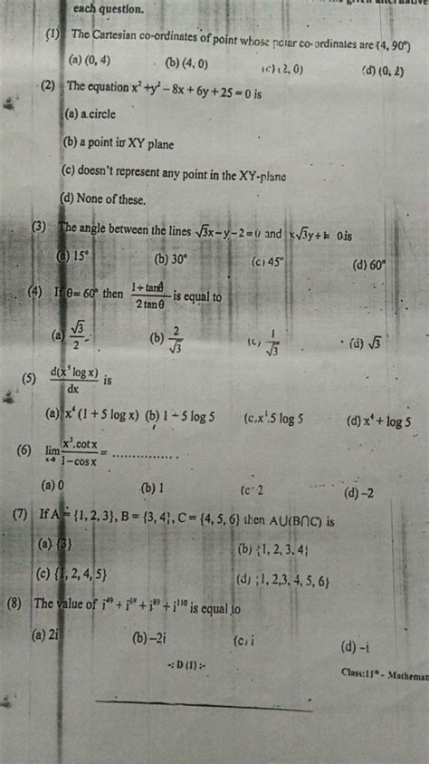 Each Question1 The Cartesian Co Ordinates Of Point Whose Focar Co Ord