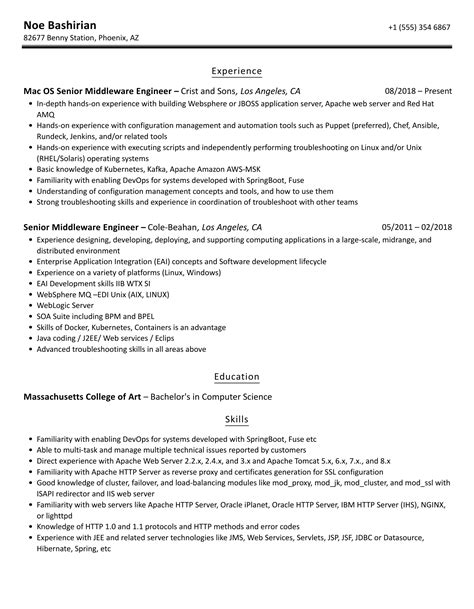 Senior Middleware Engineer Resume Samples Velvet Jobs