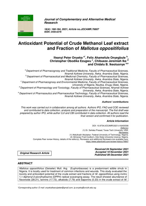 Pdf Antioxidant Potential Of Crude Methanol Leaf Extract And Fraction Of Mallotus Oppositifolius