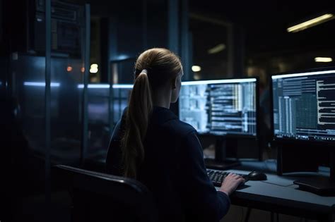 Rear View Of A Young Female Programmer Working On Computer In Dark