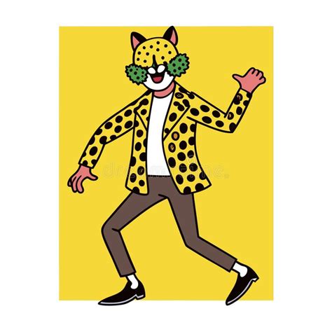 Leopard Jacketed Man In Dinosaur Mask Dances Comically Isolated On