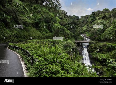 Road To Hana The Hana Highway Turns To Cross A One Lane Bridge Beside