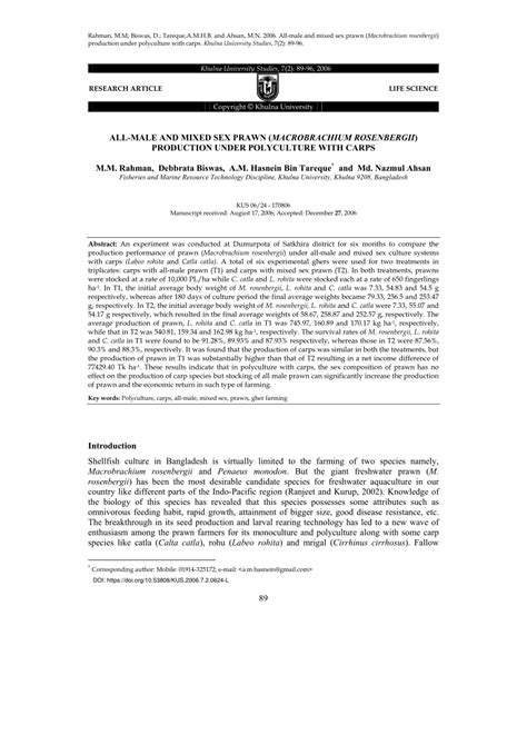 Pdf All Male And Mixed Sex Prawn Macrobrachium Rosenbergii Production Under Polyculture With
