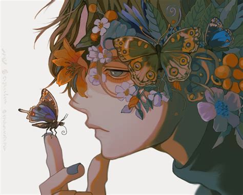 Safebooru 1boy Blue Butterfly Blue Eyes Blue Nails Brown Hair Bug