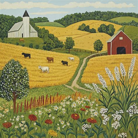 A Scenic Farm Landscape With Fields Of Crops A Barn And Grazing