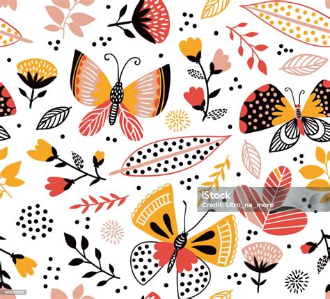 귀여운 나비와 꽃 식물 벡터 완벽 한 패턴입니다 밝고 세련 된 여름 배경입니다 펜과 마커에 대한 스톡 벡터 아트 및 기타 이미지 펜과 마커 고풍스런 곤충 Istock