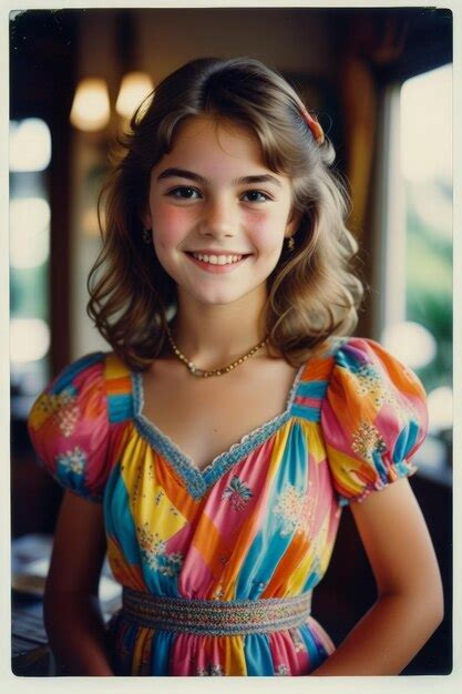 Polaroid Photo 1980s Girl In Vibrant Dress Nostalgic Scene Premium Ai