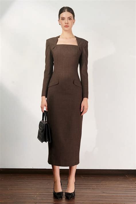 Azaria Pencil Queen Anne Neck Polycotton Midi Dress S Brown Formal Dresses Office Womens