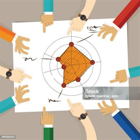 차트 레이더 성능이 강한 측면 손 그림 스케치 분석입니다 팀 구성원이 함께 작업 회의 손에 종이를 가리키는 토론 가리키기에 대한