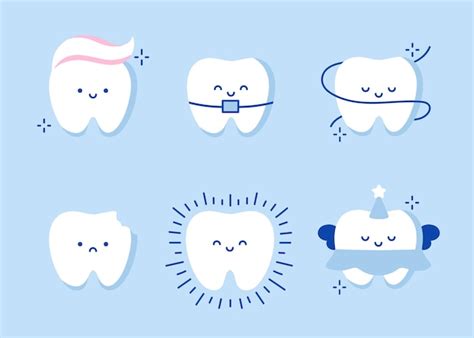 Premium Vector Set Of Cute Teeth On Blue Background Set Of Cute Teeth With Different Emotions