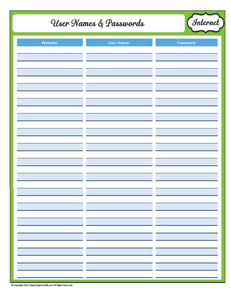 31 Days Of Home Management Binder Printables Day 17 Website User Names And Passwords