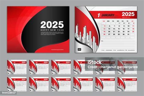 달력 2025 템플릿 설정 벡터 주 시작 일요일 12 개월 세트 책상 달력 2025 년 벽 달력 2025 플래너 비즈니스 템플릿 문구 인쇄 매체 빨간색 창조적 인 배경 10