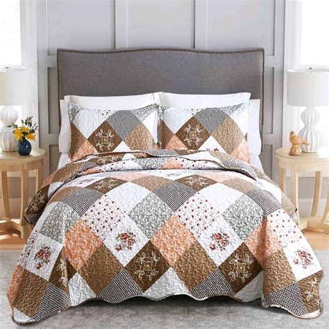 Brown Floral Patchwork Quilted Bedspread Coverlet Sets 3pcs The Bed