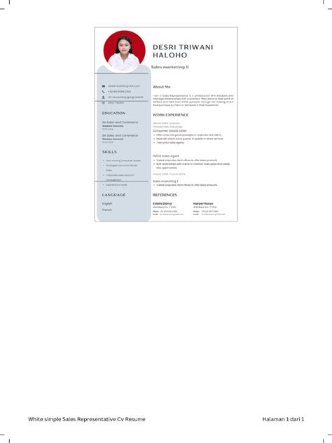 White Simple Sales Representative Cv Resume Pdf