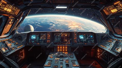 Illustration Of Spaceship Cockpit Filled Digital Screen Button View Of Distant Planet Through