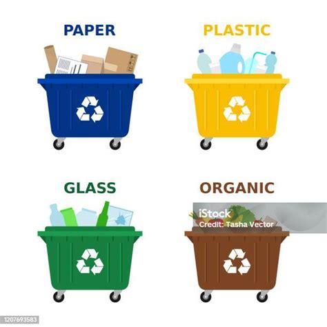 폐기물을 분류하기위한 다른 색깔의 쓰레기통 쓰레기 분리 쓰레기 선별 폐기물 관리 재활용 수거통에 대한 스톡 벡터 아트 및 기타