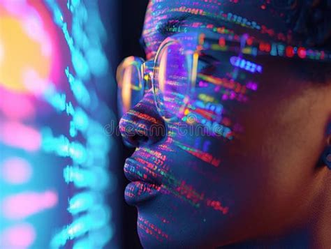 A Programmer With Glasses Looks At The Screen With The Program Code Stock Illustration