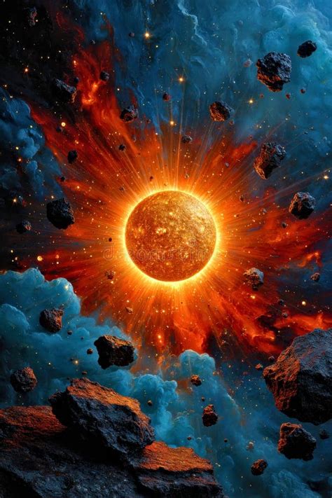 Exploding Sun Amidst Asteroids Cosmic Explosion Scene With Fiery