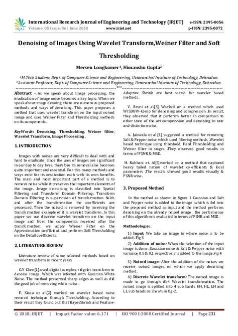 Pdf Irjet Denoising Of Images Using Wavelet Transformweiner Filter