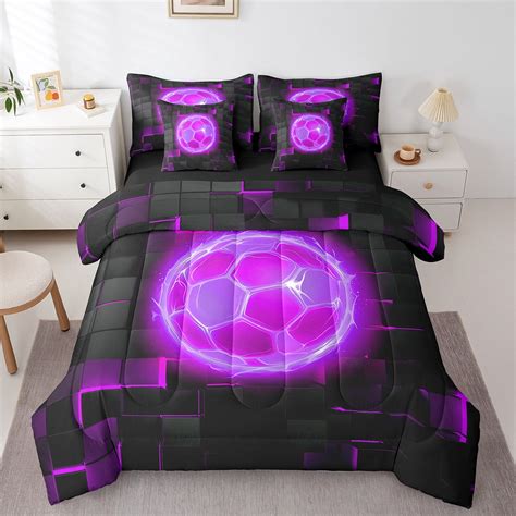 Purple 3d Soccer Full Size Comforter Setneon Light 7 Pieces Full