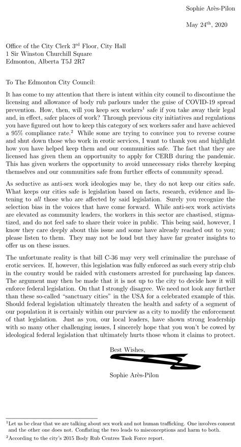 A Letter Regarding The Changing Of Sex Work Laws In Edmonton From My Lady To The City You May
