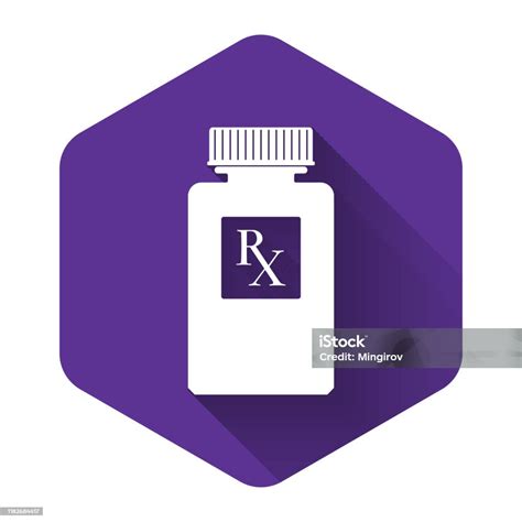 rx 기호와 긴 그림자로 격리 된 알 약 아이콘 흰색 알 약 병 약국 디자인 rx는 약품 병에 처방전 기호로 보라색 육각 버튼