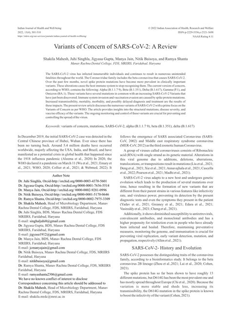 Pdf Variants Of Concern Of Sars Cov 2 A Review