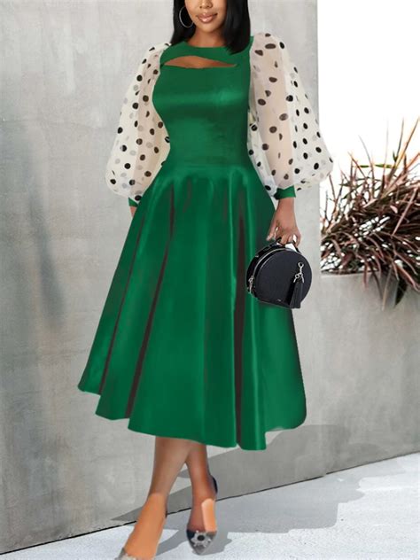 Women Long Sleeve Skater Dress See Through Tulle Dots Patchwork Flared