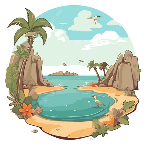 해변 배경 벡터 스티커 클립 아트 만화 스타일의 바다와 새 일러스트와 함께 섬 상표 클립 아트 Png 일러스트 및 벡터