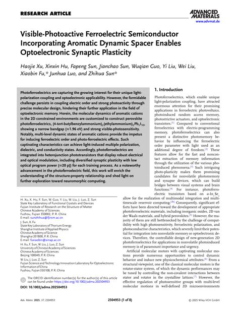 Visible‐photoactive Ferroelectric Semiconductor Incorporating Aromatic Dynamic Spacer Enables