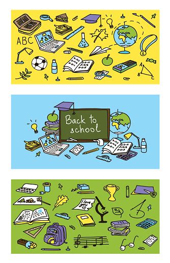 다시 학교에 그려진된 3에서 1 세트 손 컬러 스케치 낙서 벡터 학교 팩 개체입니다 가위에 대한 스톡 벡터 아트 및 기타 이미지 Istock