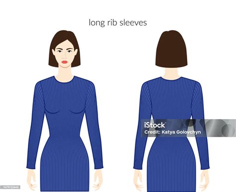 갈비뼈 긴 니트 길이 옷 캐릭터 아름 다운 아가씨 블루 탑 셔츠 드레스 테크니컬 패션 일러스트 장착 플랫 의류 템플릿 앞면 뒷면