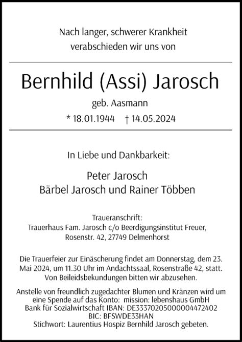 Traueranzeigen Von Bernhild Jarosch Noz Trauerportal